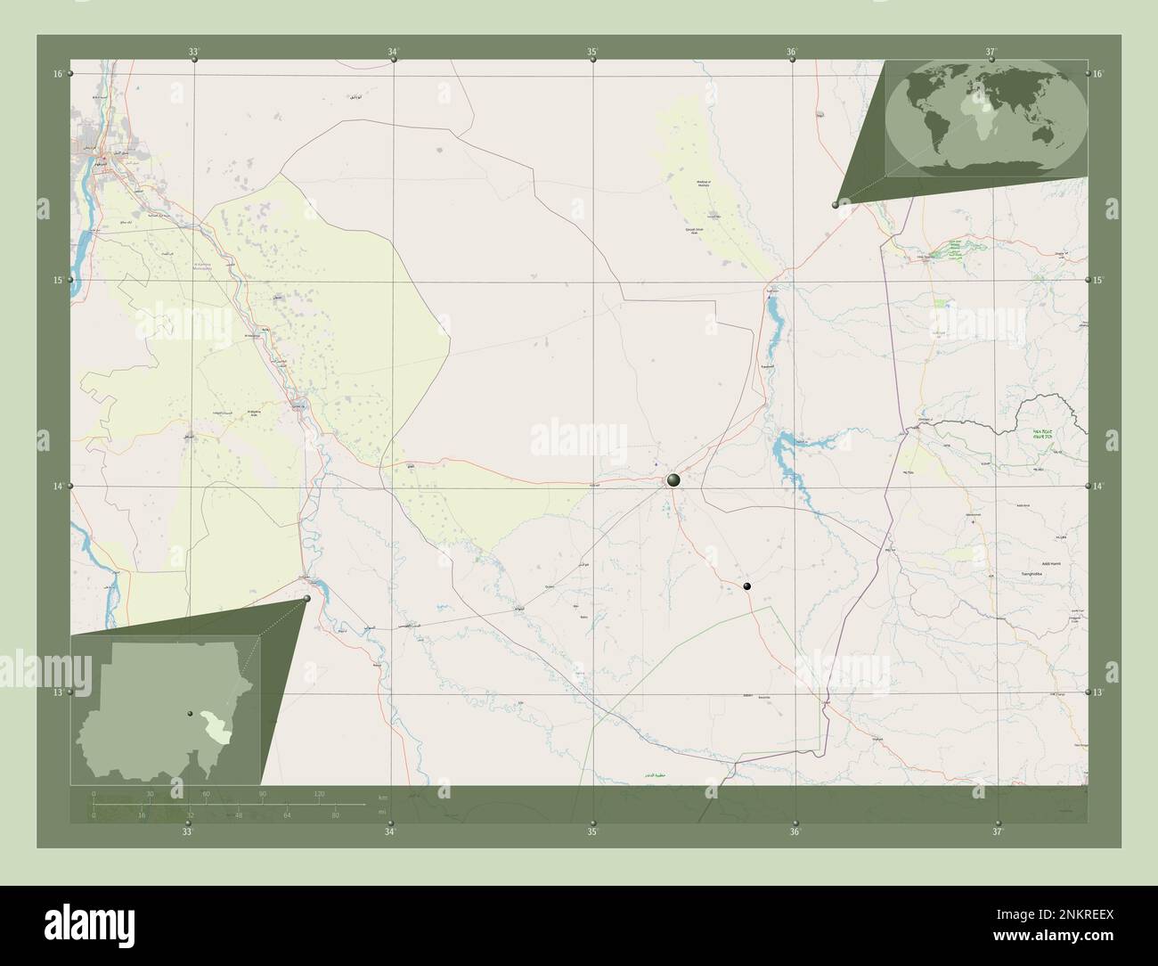Al Qadarif, state of Sudan. Open Street Map. Locations of major cities ...