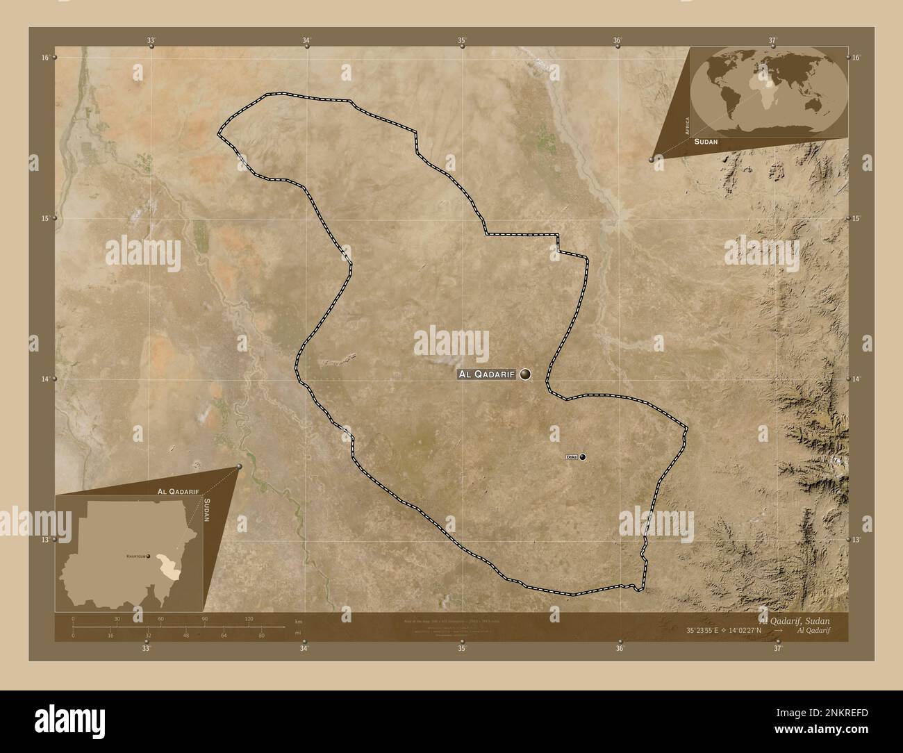 Al Qadarif, state of Sudan. Low resolution satellite map. Locations and ...