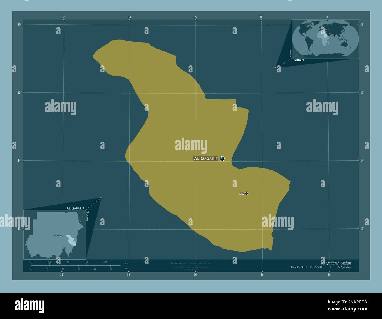 Al Qadarif, state of Sudan. Solid color shape. Locations and names of ...