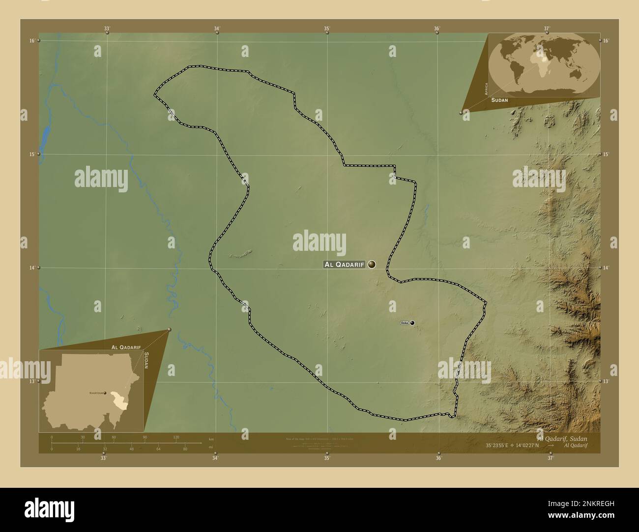 Al Qadarif, state of Sudan. Colored elevation map with lakes and rivers ...