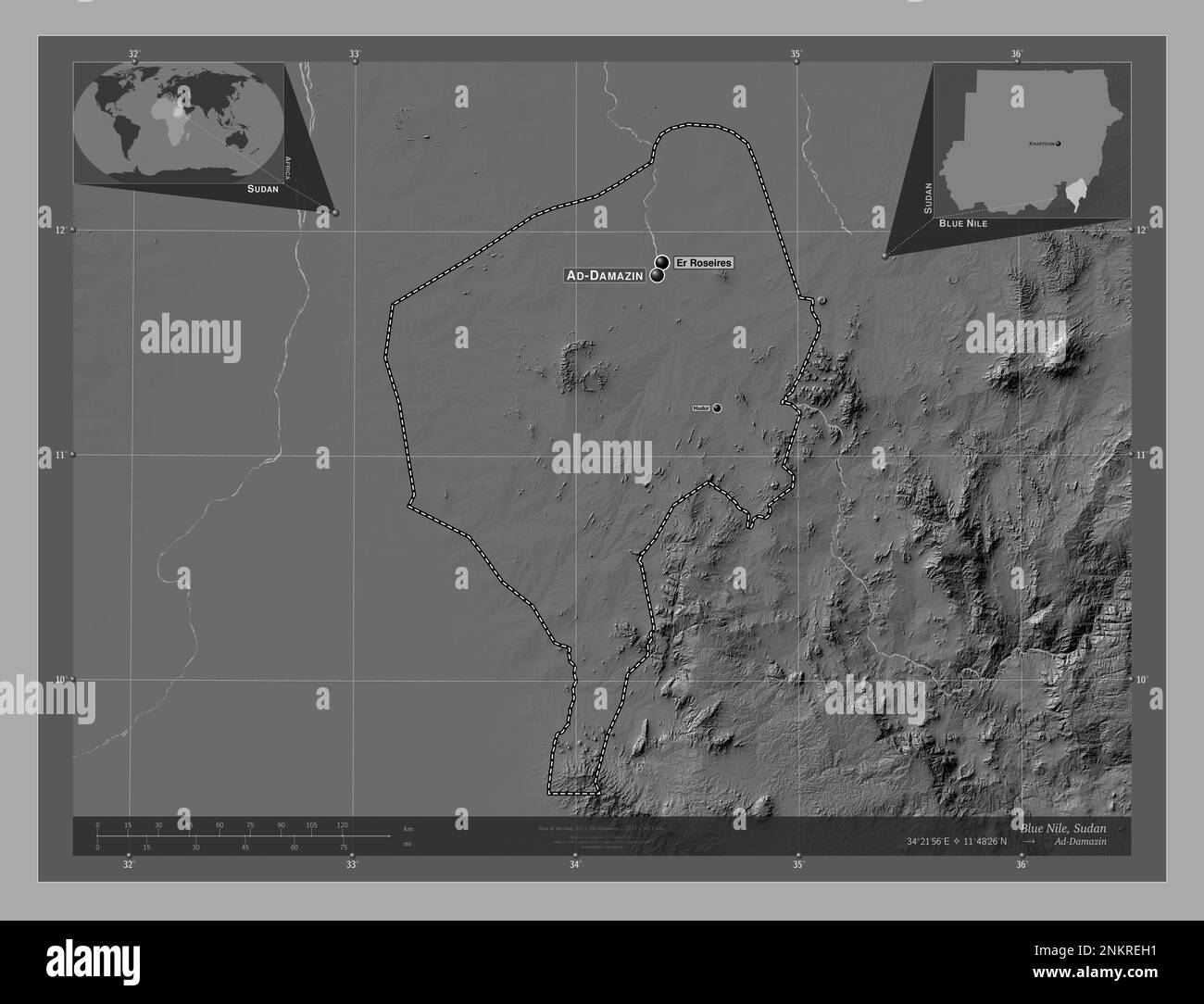 Blue Nile, state of Sudan. Bilevel elevation map with lakes and rivers ...