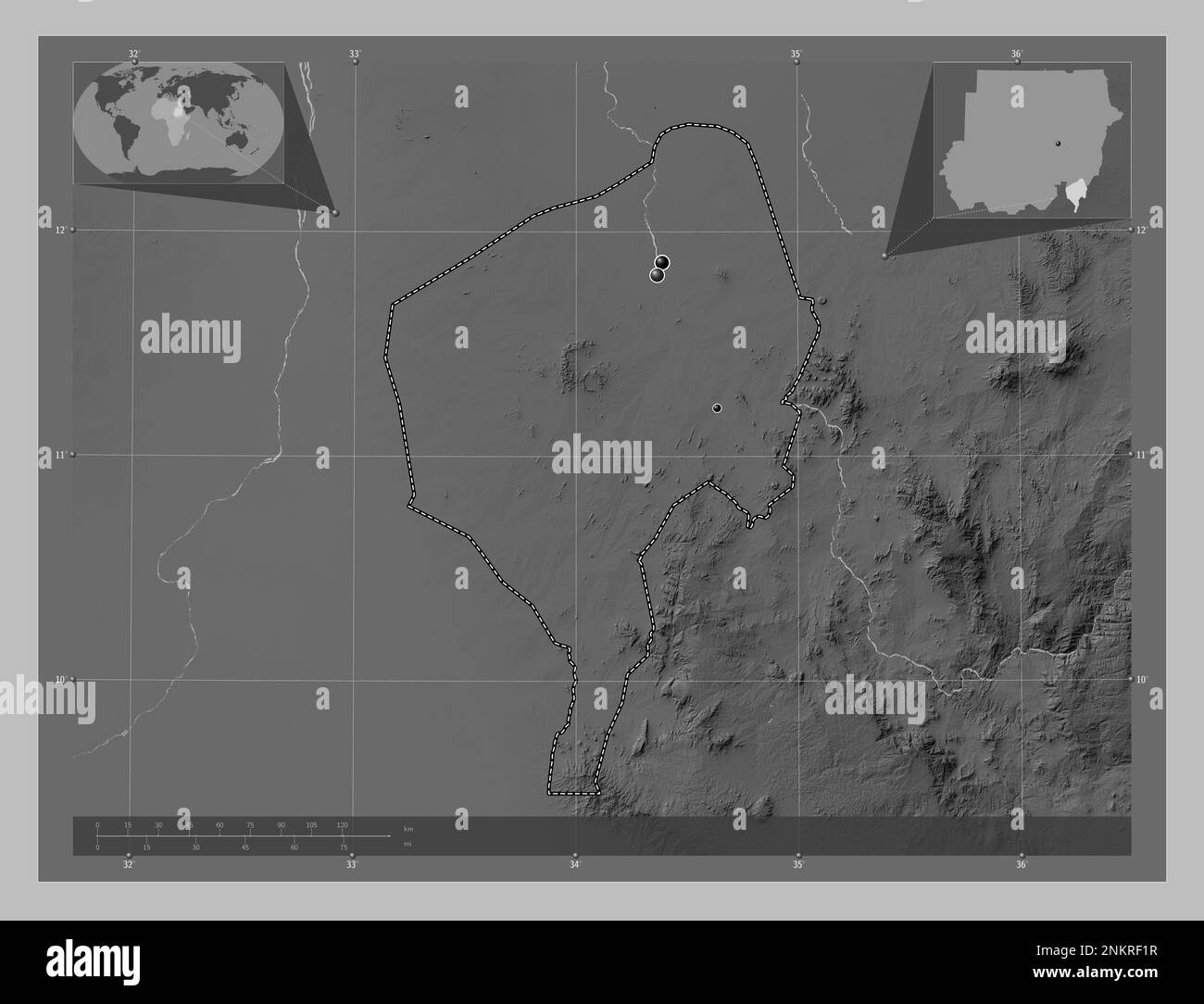 Blue Nile, state of Sudan. Grayscale elevation map with lakes and ...