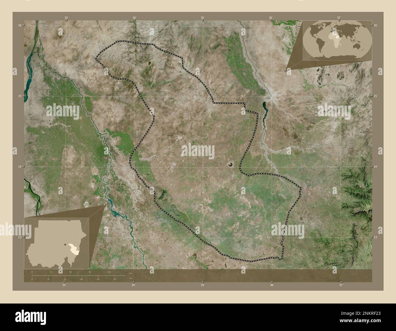 Al Qadarif, state of Sudan. High resolution satellite map. Corner ...