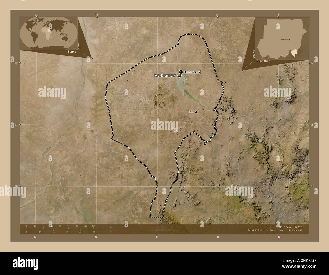 Blue Nile, state of Sudan. Low resolution satellite map. Locations and ...
