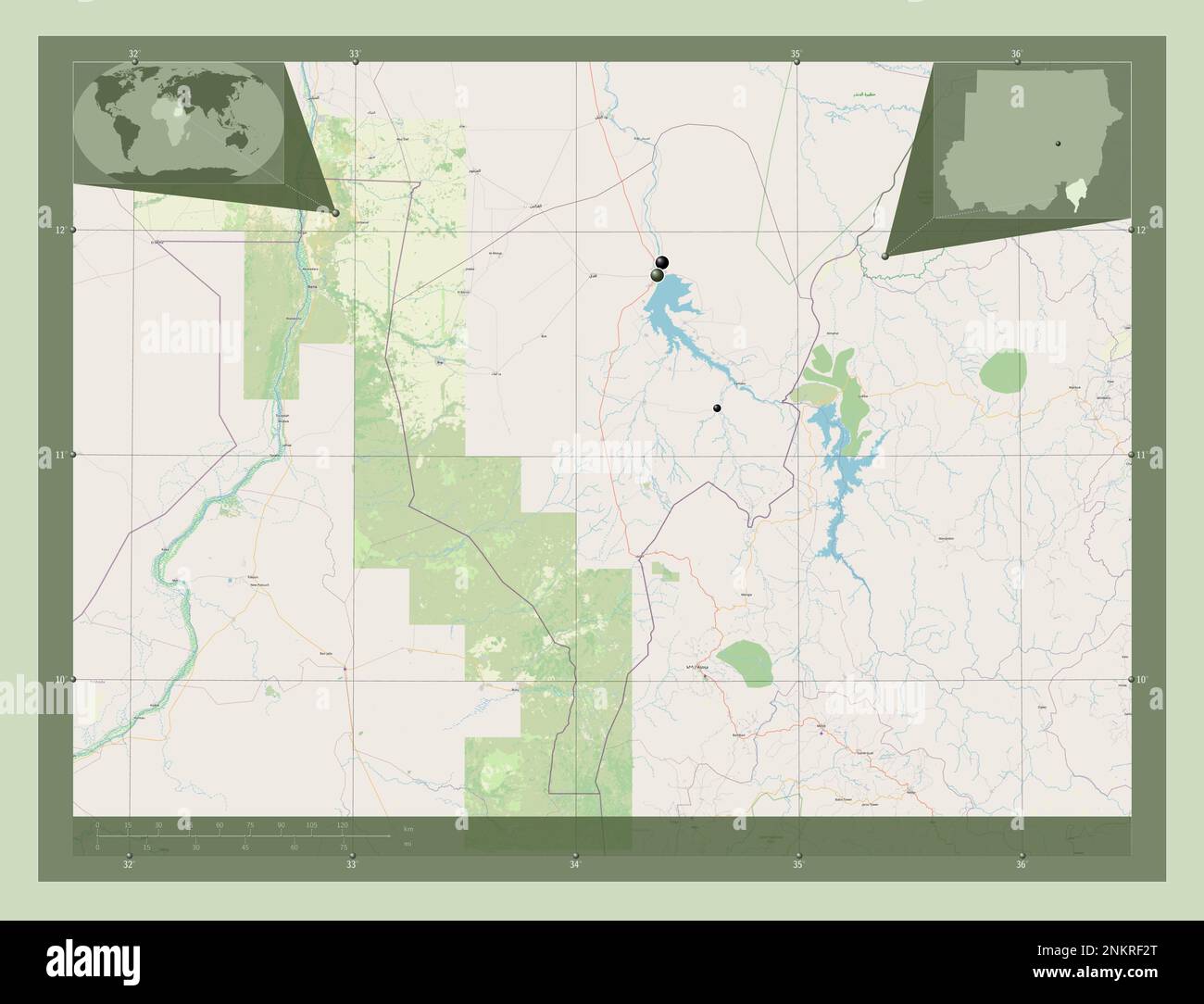 Blue Nile, state of Sudan. Open Street Map. Locations of major cities ...