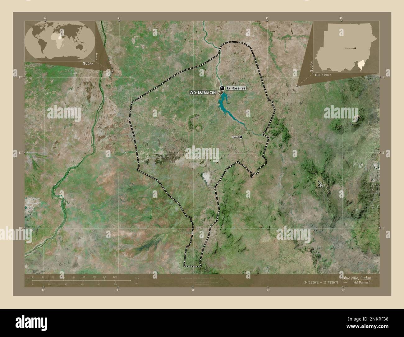 Blue Nile, state of Sudan. High resolution satellite map. Locations and names of major cities of ...