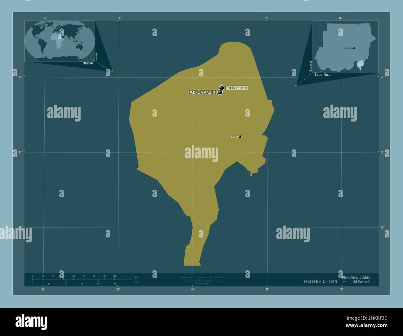 Blue Nile, state of Sudan. Solid color shape. Locations and names of ...