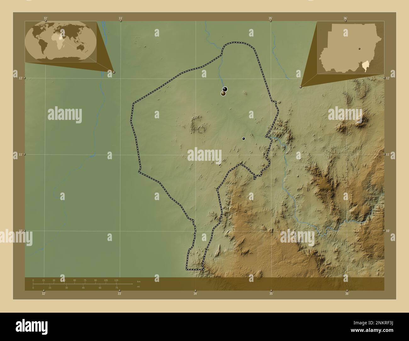 Blue Nile, state of Sudan. Colored elevation map with lakes and rivers ...
