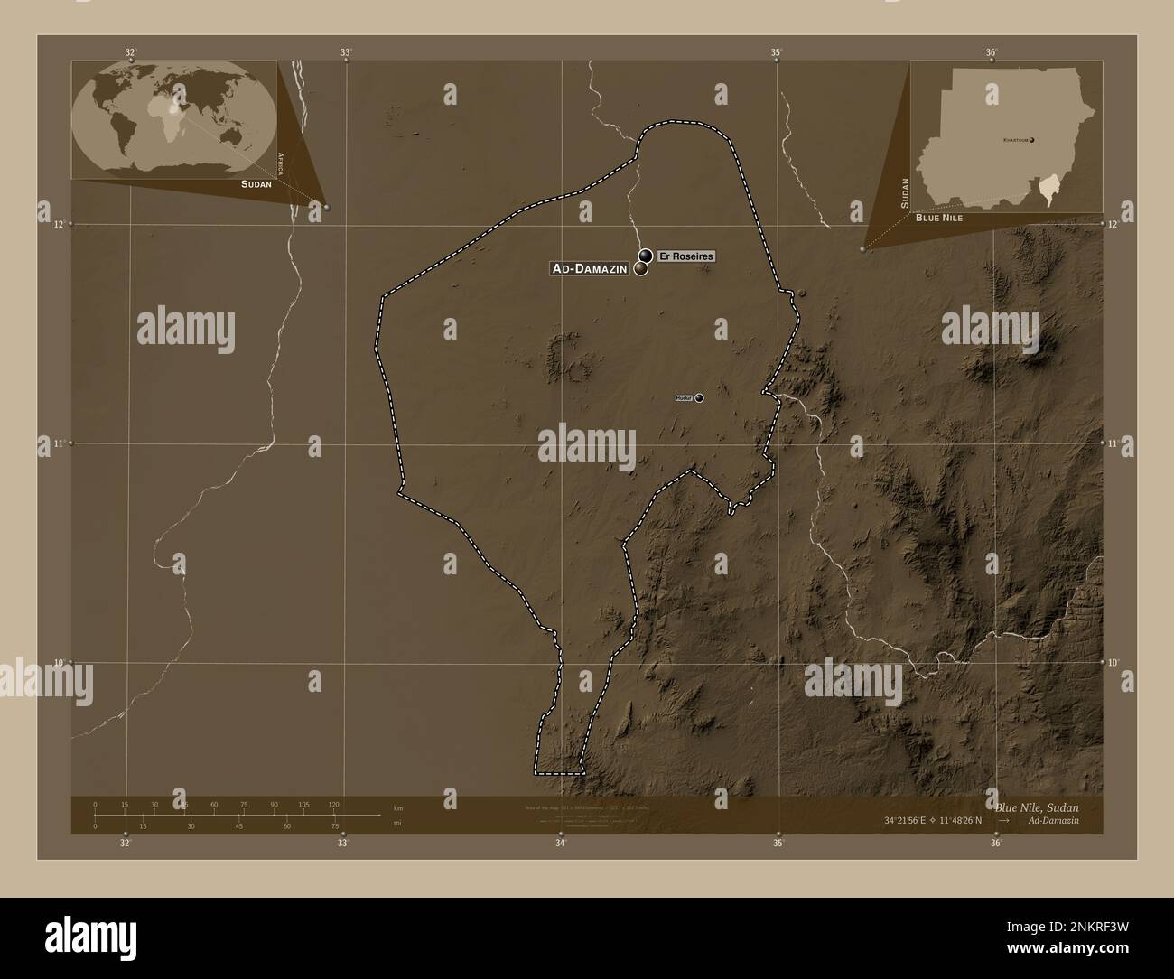 Blue Nile, state of Sudan. Elevation map colored in sepia tones with ...