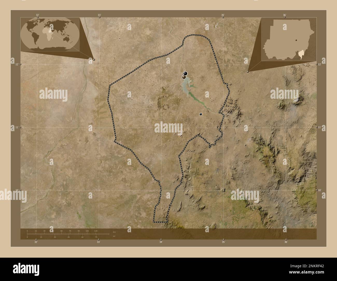 Blue Nile, state of Sudan. Low resolution satellite map. Locations of ...