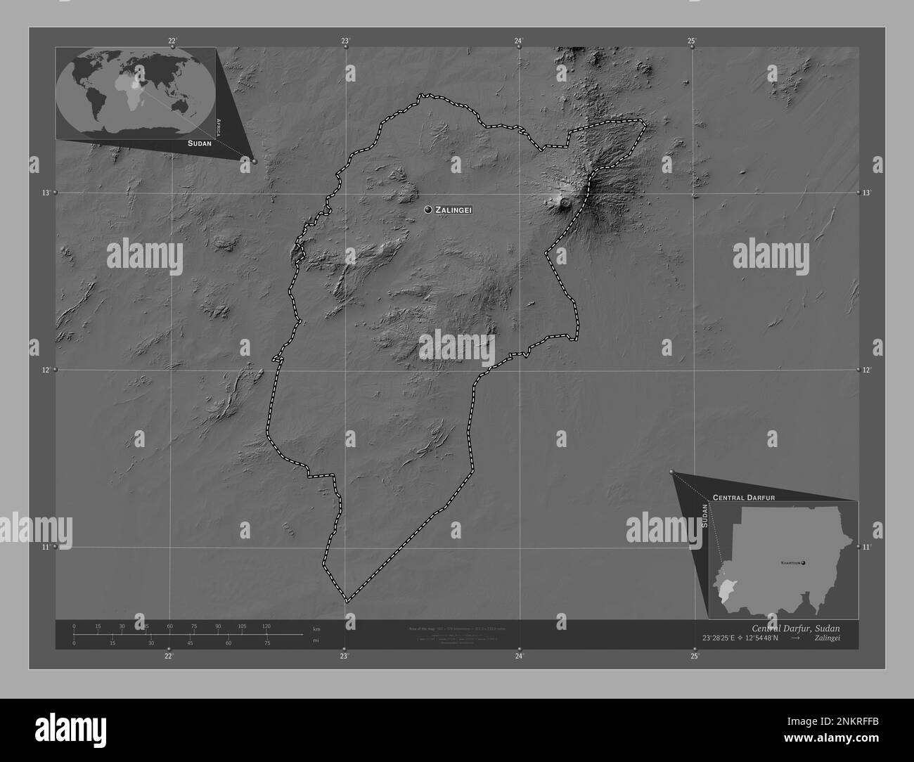 Central Darfur, state of Sudan. Bilevel elevation map with lakes and ...