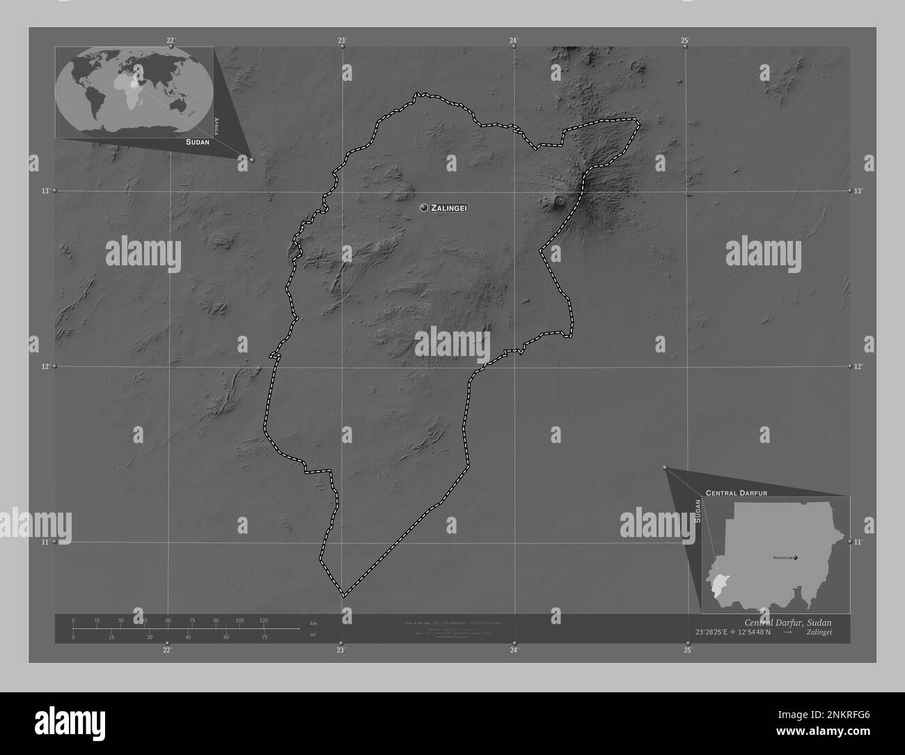 Central Darfur, state of Sudan. Grayscale elevation map with lakes and ...