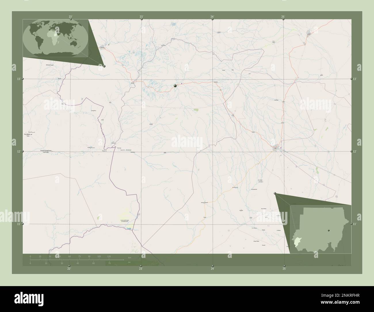 Central Darfur, state of Sudan. Open Street Map. Locations of major ...