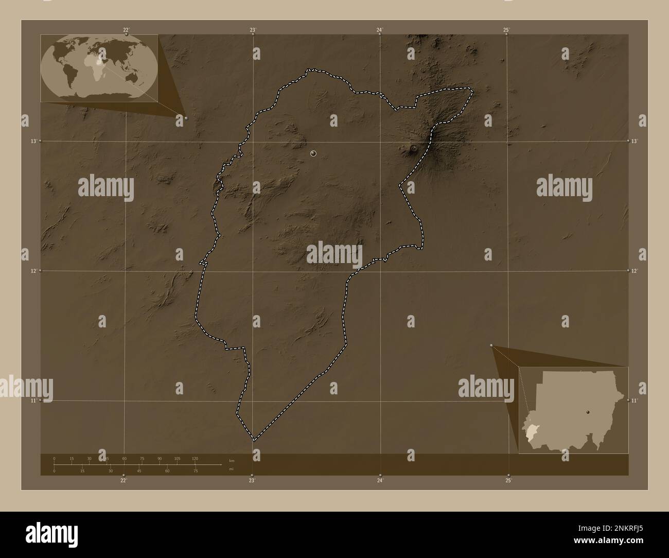 Central Darfur, state of Sudan. Elevation map colored in sepia tones ...