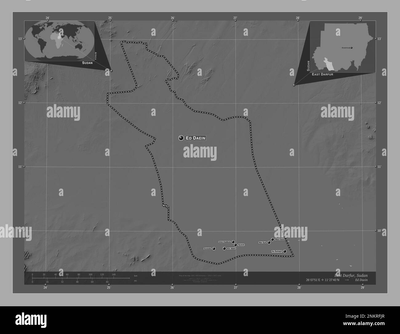 East Darfur, state of Sudan. Bilevel elevation map with lakes and ...