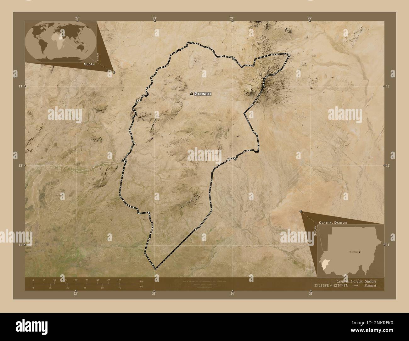 Central Darfur, state of Sudan. Low resolution satellite map. Locations ...