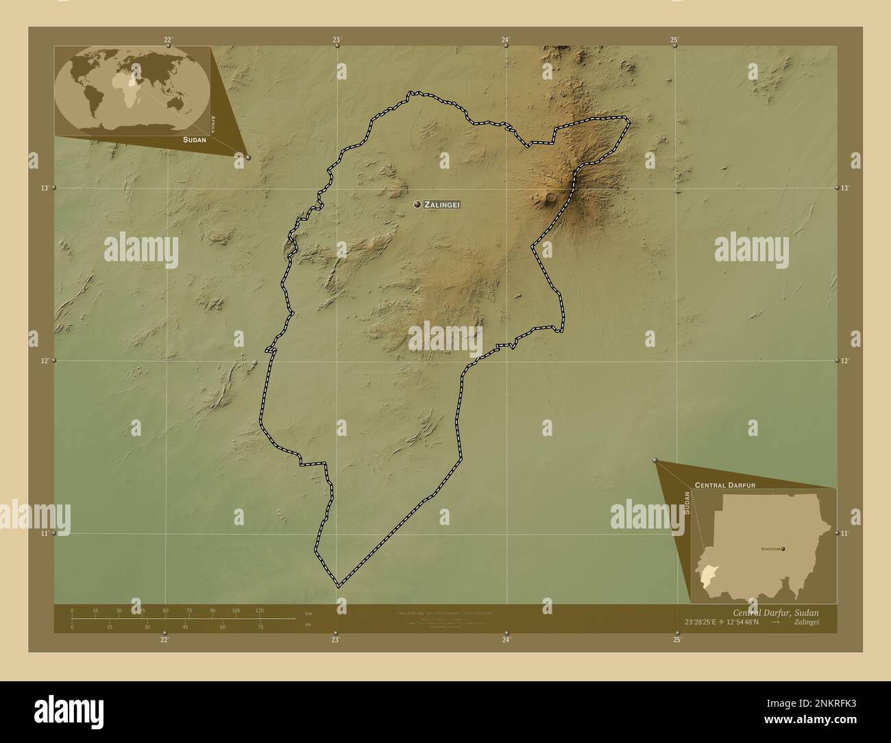 Central Darfur, state of Sudan. Colored elevation map with lakes and ...