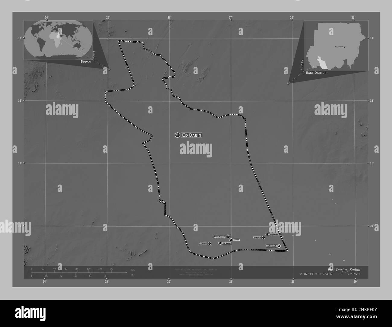 East Darfur, state of Sudan. Grayscale elevation map with lakes and ...