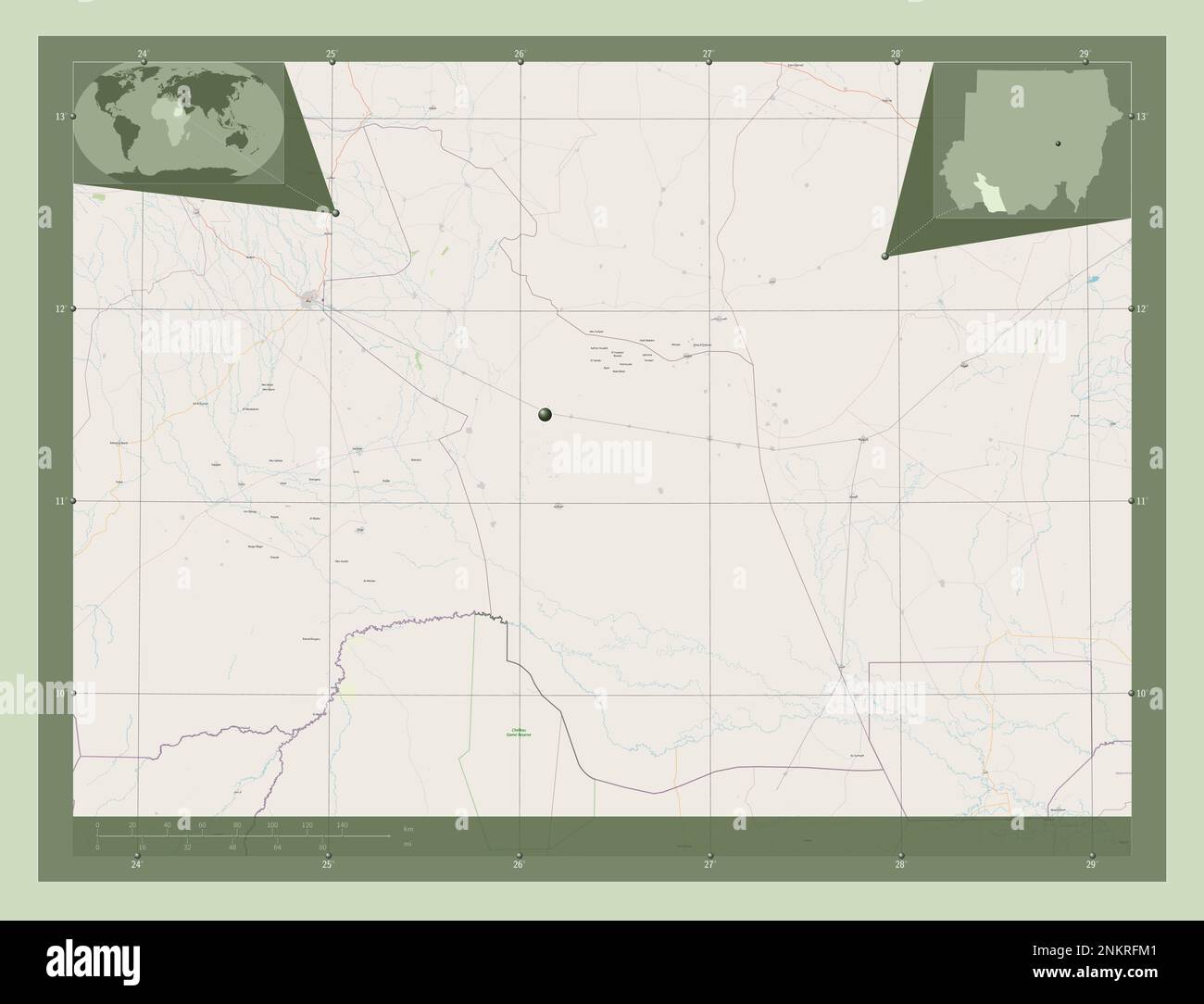 East Darfur, state of Sudan. Open Street Map. Corner auxiliary location ...