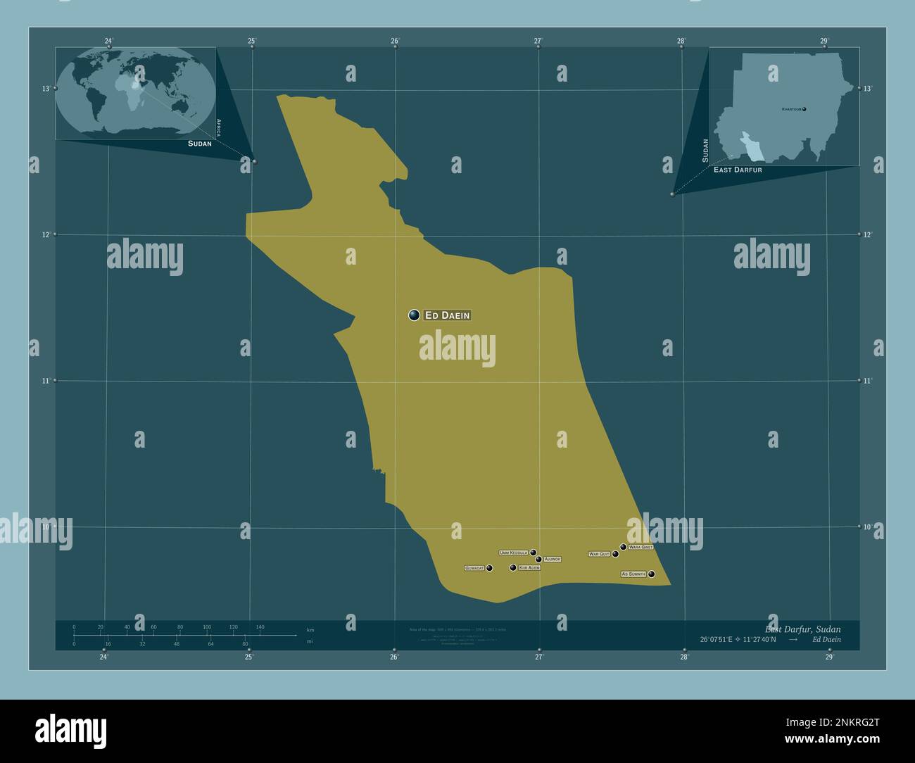 East Darfur, state of Sudan. Solid color shape. Locations and names of ...