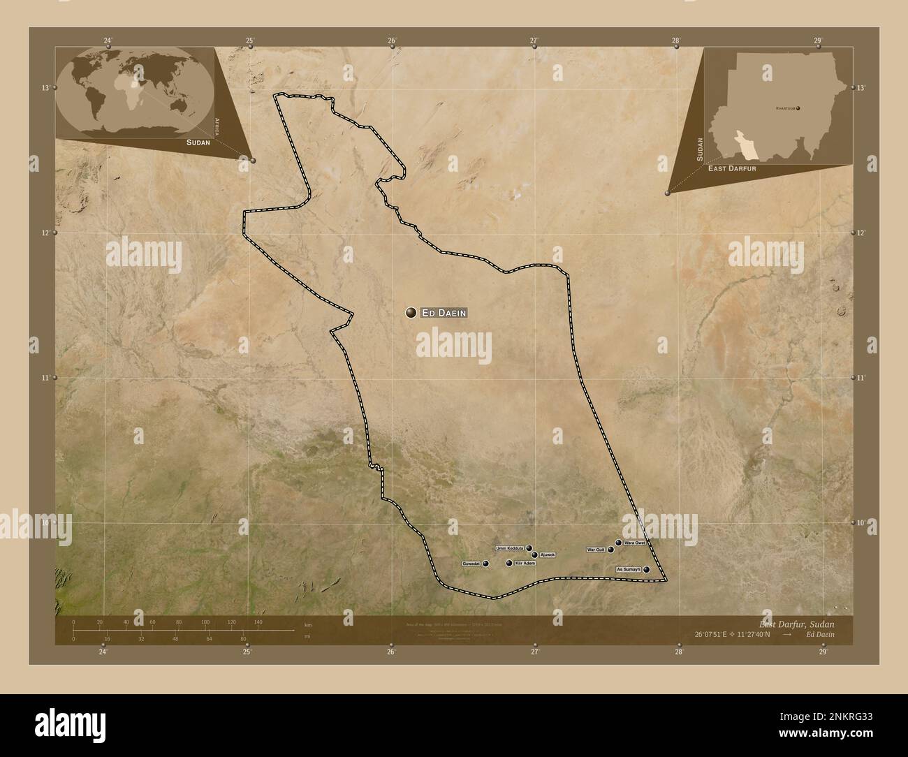 East Darfur, state of Sudan. Low resolution satellite map. Locations ...