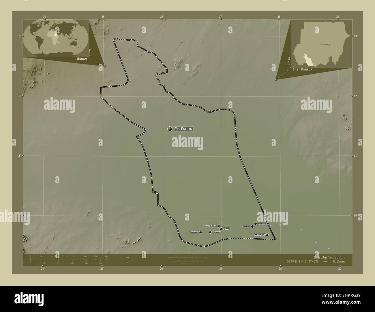 East Darfur, state of Sudan. Elevation map colored in wiki style with ...