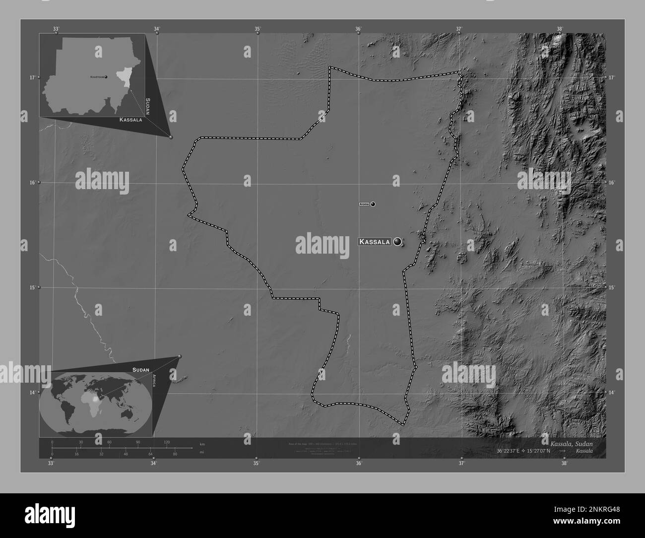 Kassala, state of Sudan. Bilevel elevation map with lakes and rivers ...