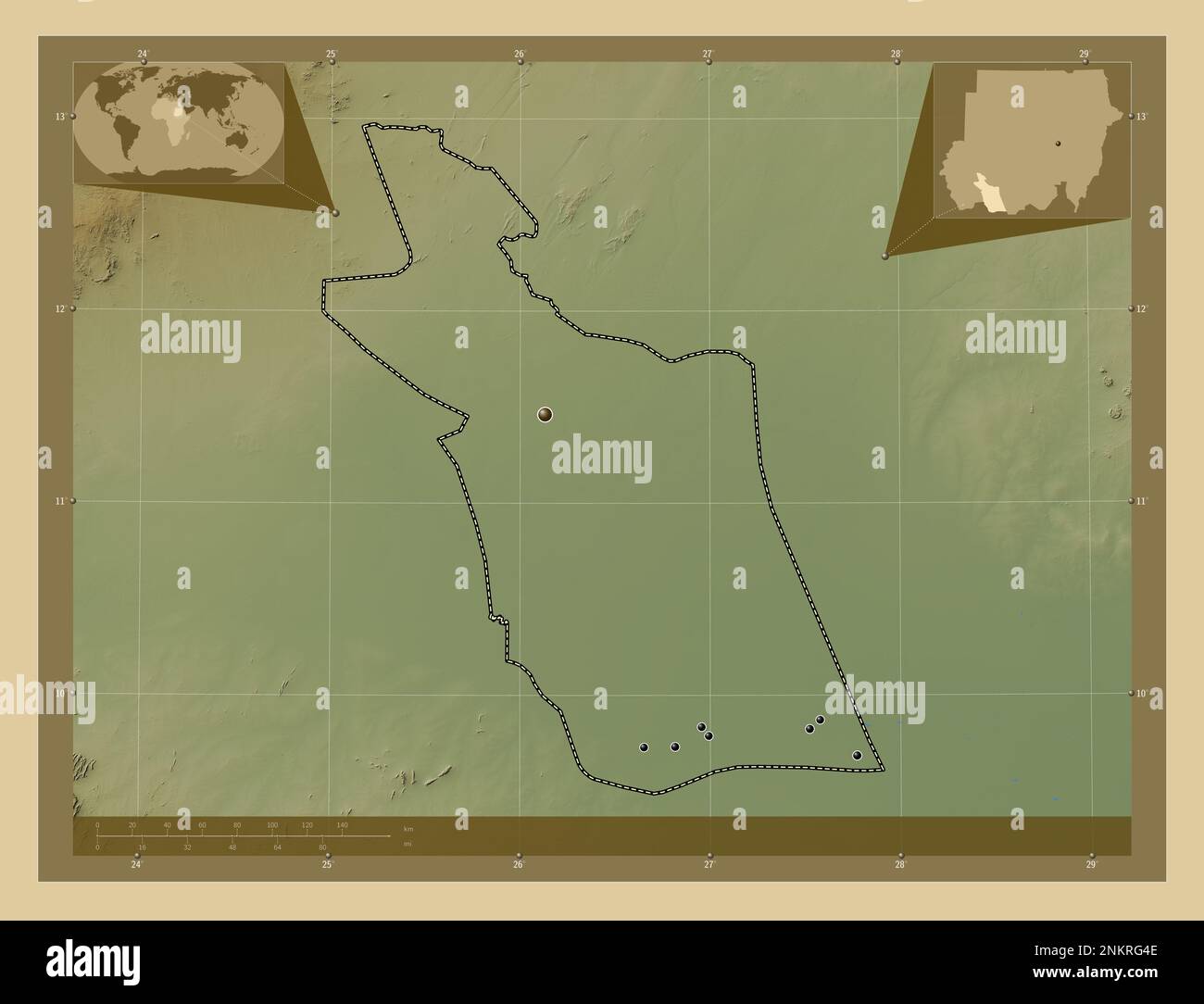 East Darfur, state of Sudan. Colored elevation map with lakes and ...