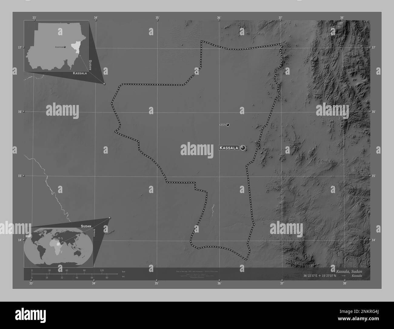 Kassala, state of Sudan. Grayscale elevation map with lakes and rivers ...