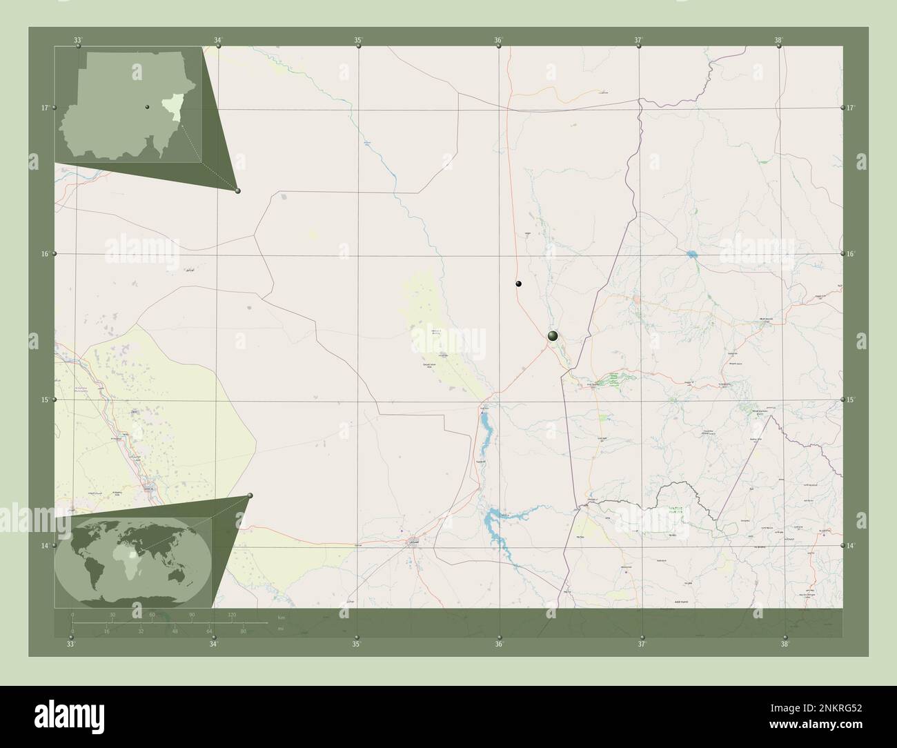 Kassala, state of Sudan. Open Street Map. Locations of major cities of ...