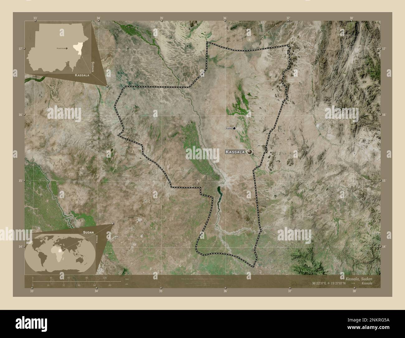 Kassala, state of Sudan. High resolution satellite map. Locations and ...