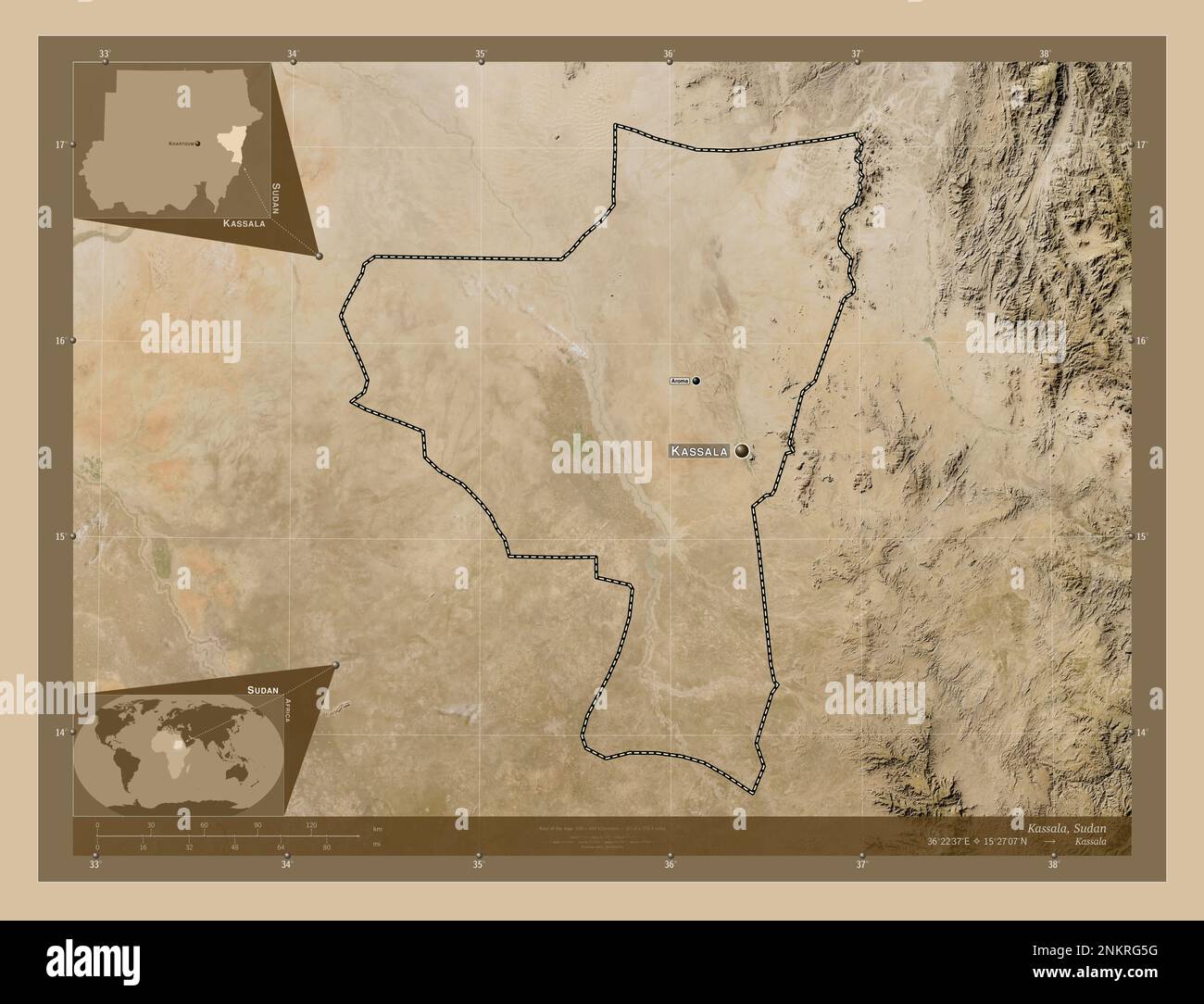Kassala, state of Sudan. Low resolution satellite map. Locations and ...