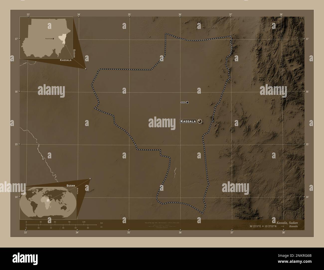 Kassala, state of Sudan. Elevation map colored in sepia tones with ...