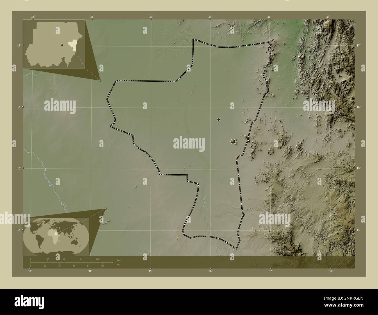 Kassala, state of Sudan. Elevation map colored in wiki style with lakes ...
