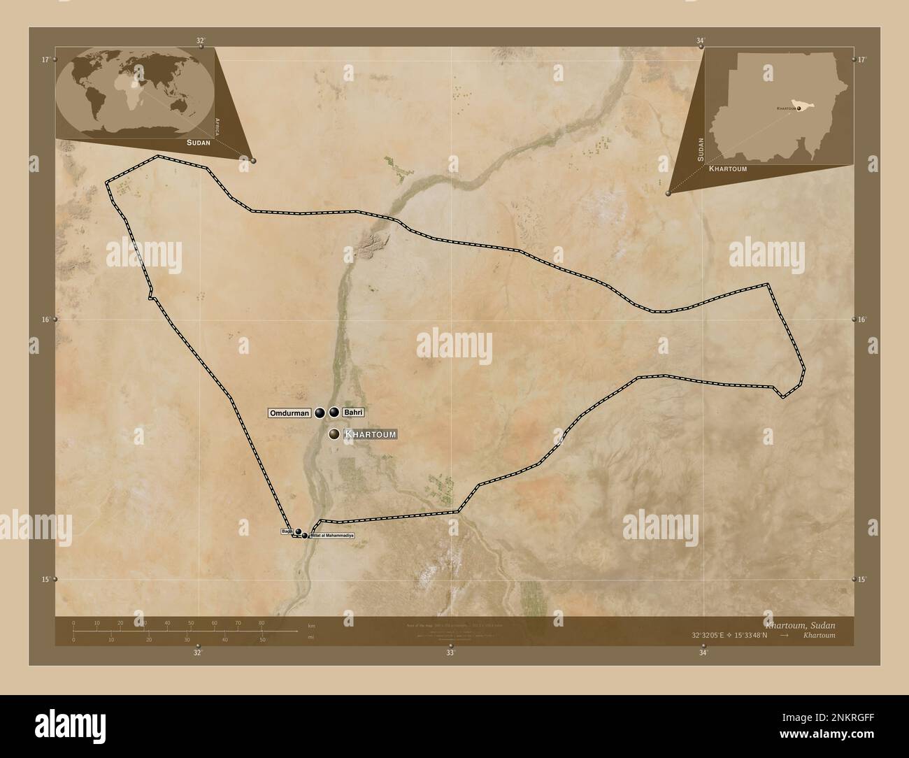 Khartoum, state of Sudan. Low resolution satellite map. Locations and ...