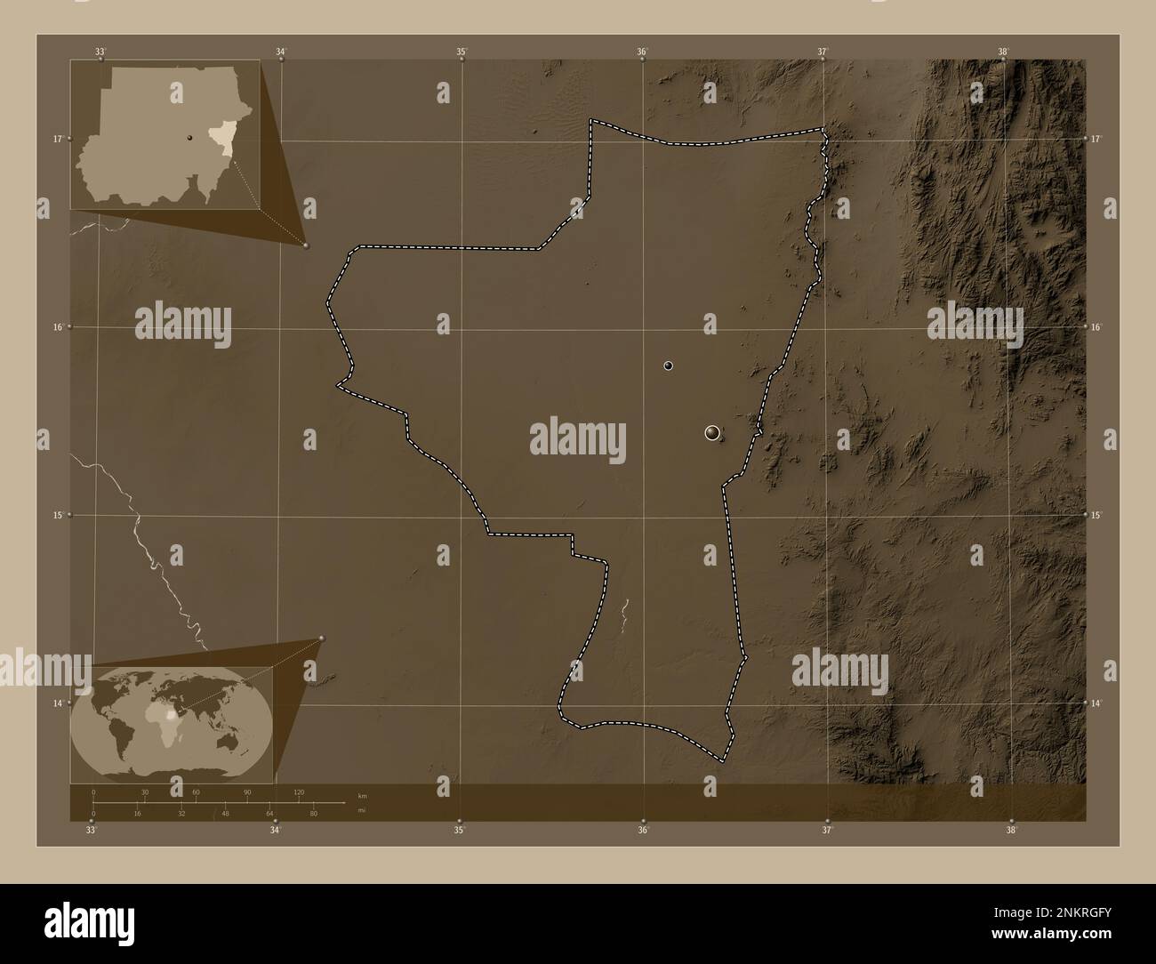 Kassala, state of Sudan. Elevation map colored in sepia tones with ...