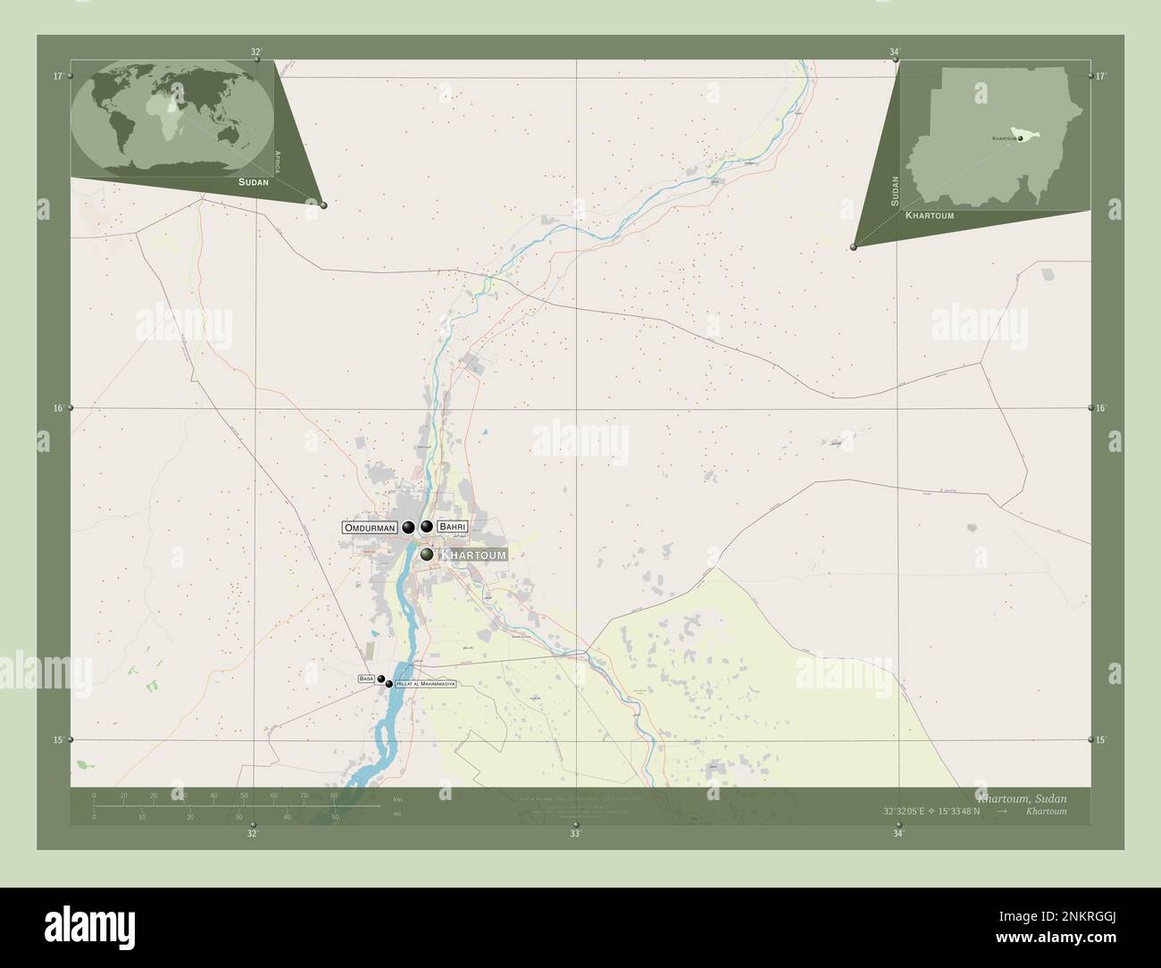 Khartoum, state of Sudan. Open Street Map. Locations and names of major ...