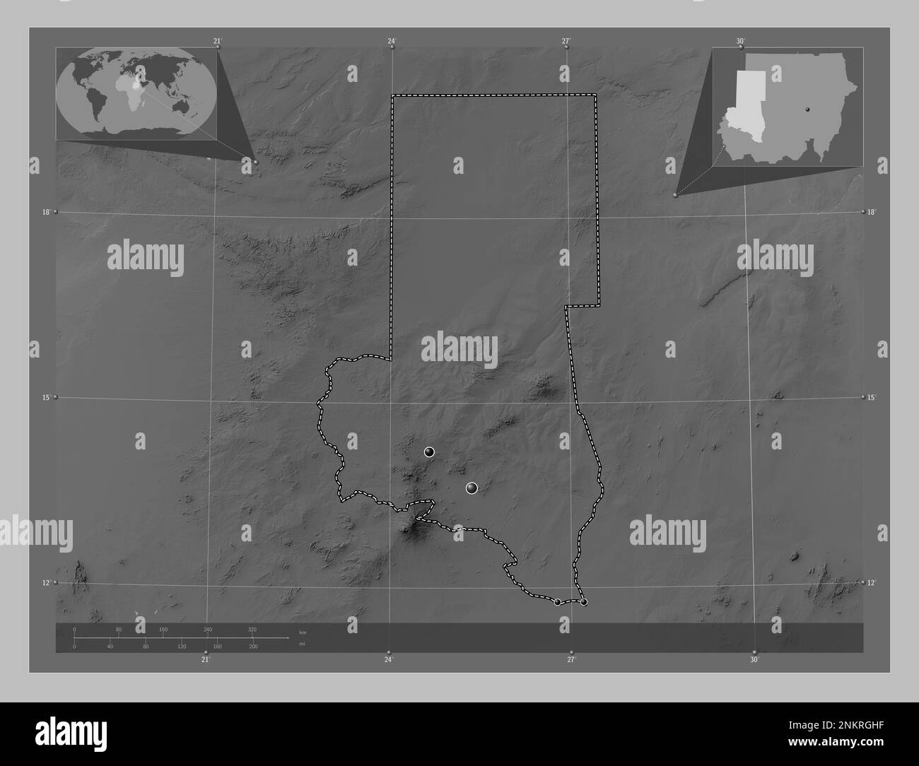 North Darfur, state of Sudan. Grayscale elevation map with lakes and ...