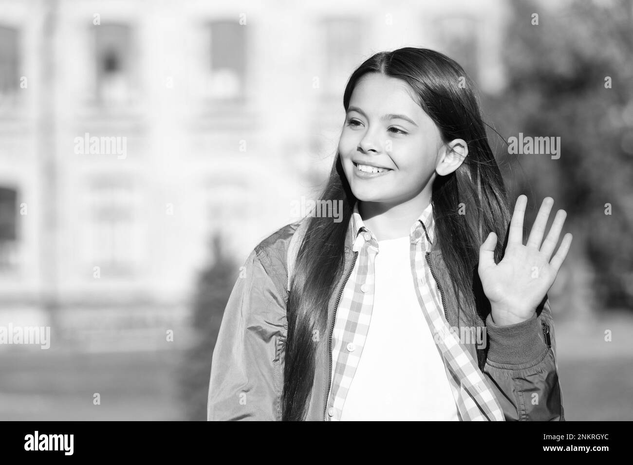 happy kid with school bag outdoor. hello Stock Photo - Alamy