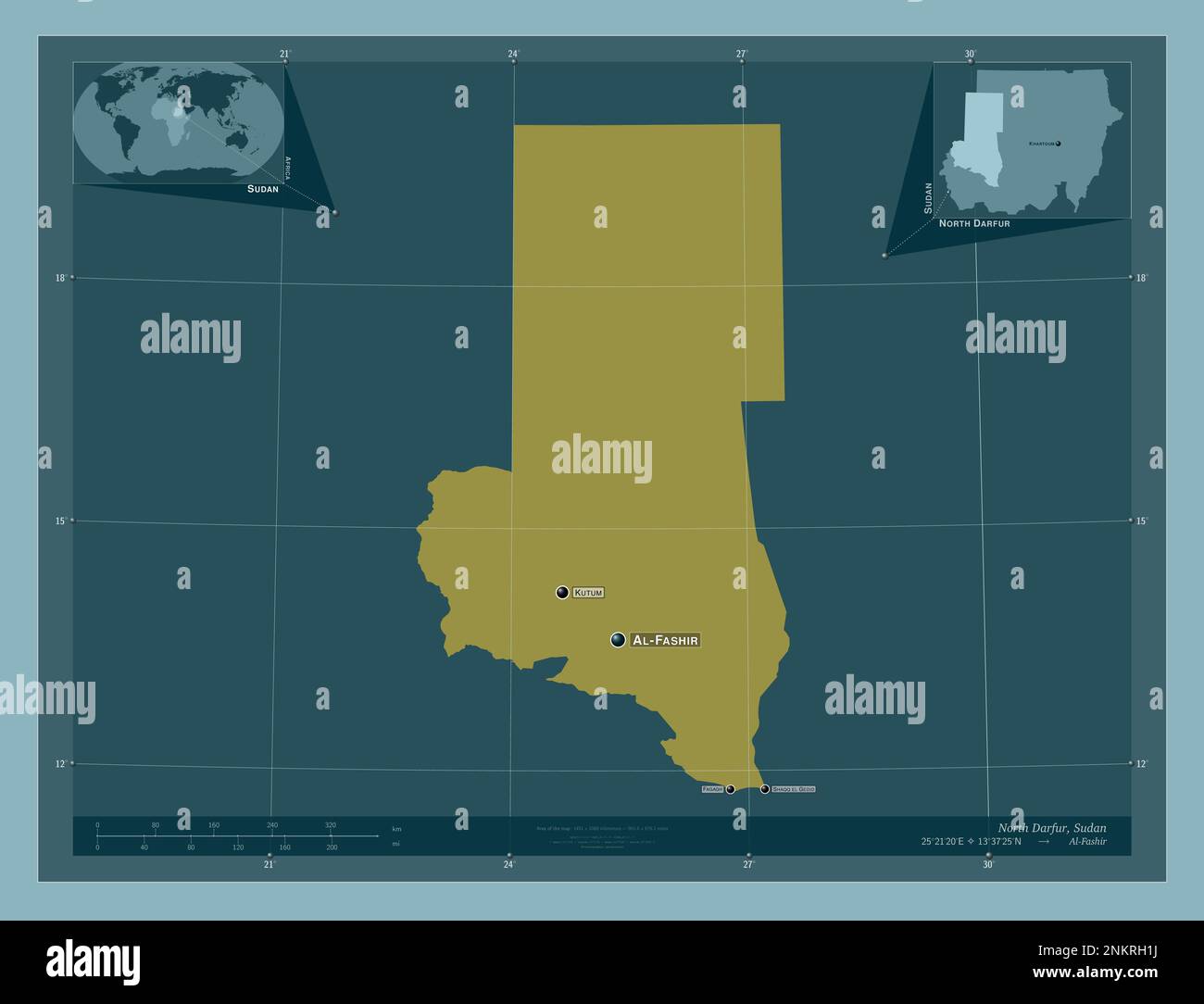 North Darfur, state of Sudan. Solid color shape. Locations and names of ...