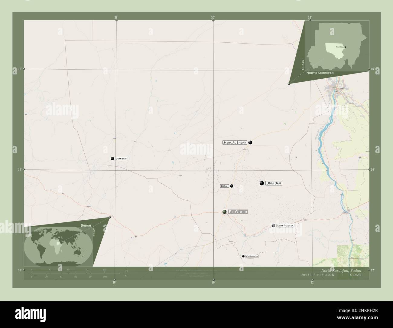 North Kurdufan, state of Sudan. Open Street Map. Locations and names of ...