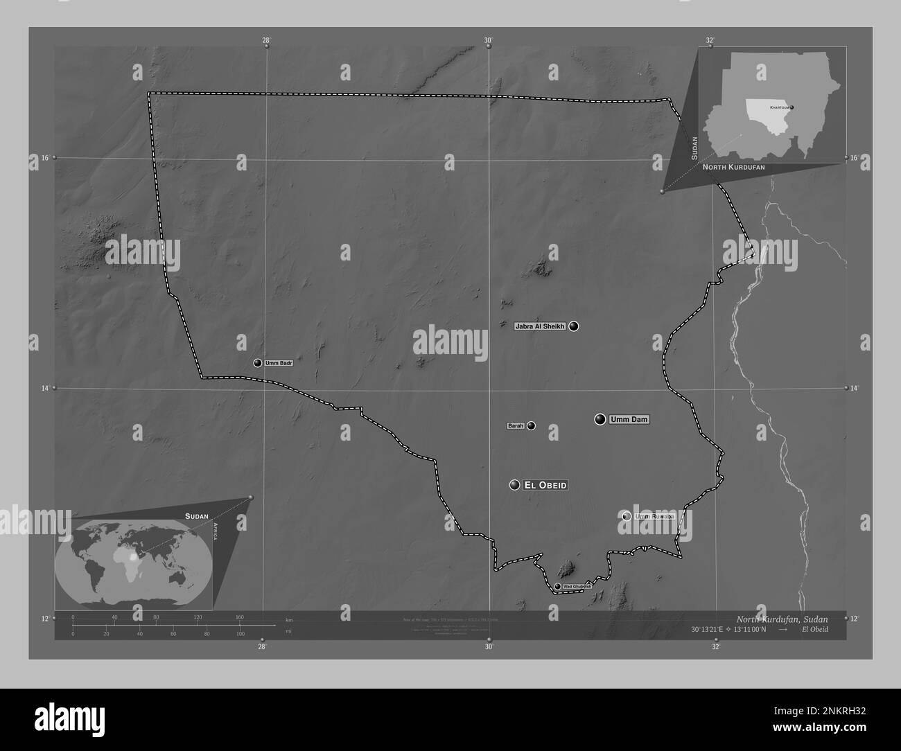 North Kurdufan, state of Sudan. Grayscale elevation map with lakes and ...
