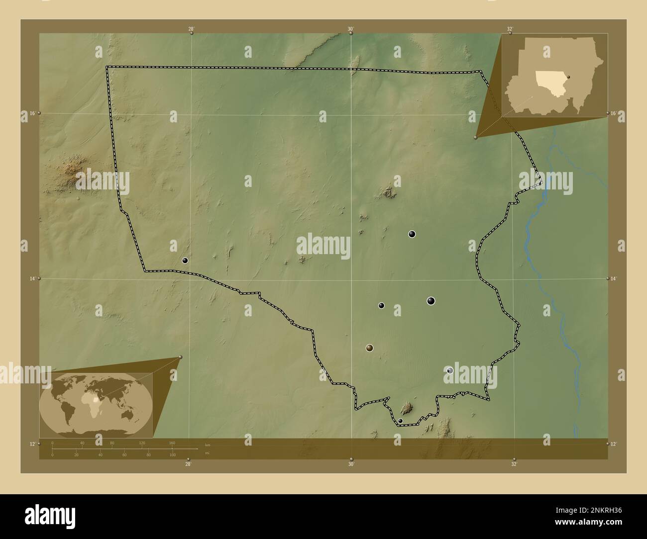 North Kurdufan, state of Sudan. Colored elevation map with lakes and ...