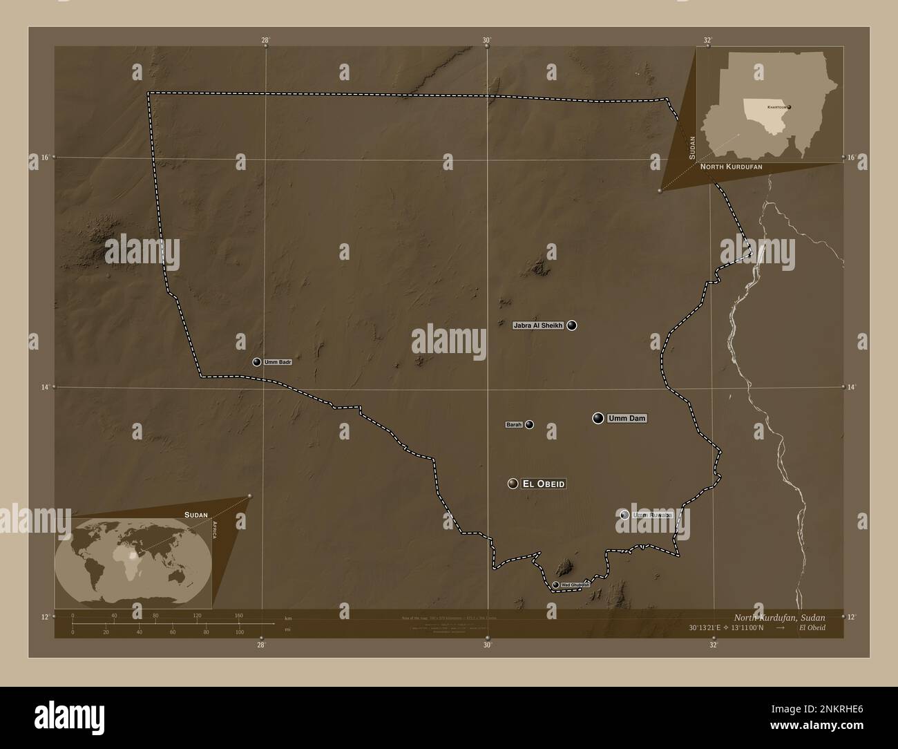North Kurdufan, state of Sudan. Elevation map colored in sepia tones ...