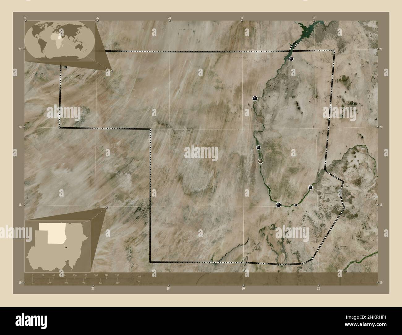 Northern, state of Sudan. High resolution satellite map. Locations of ...