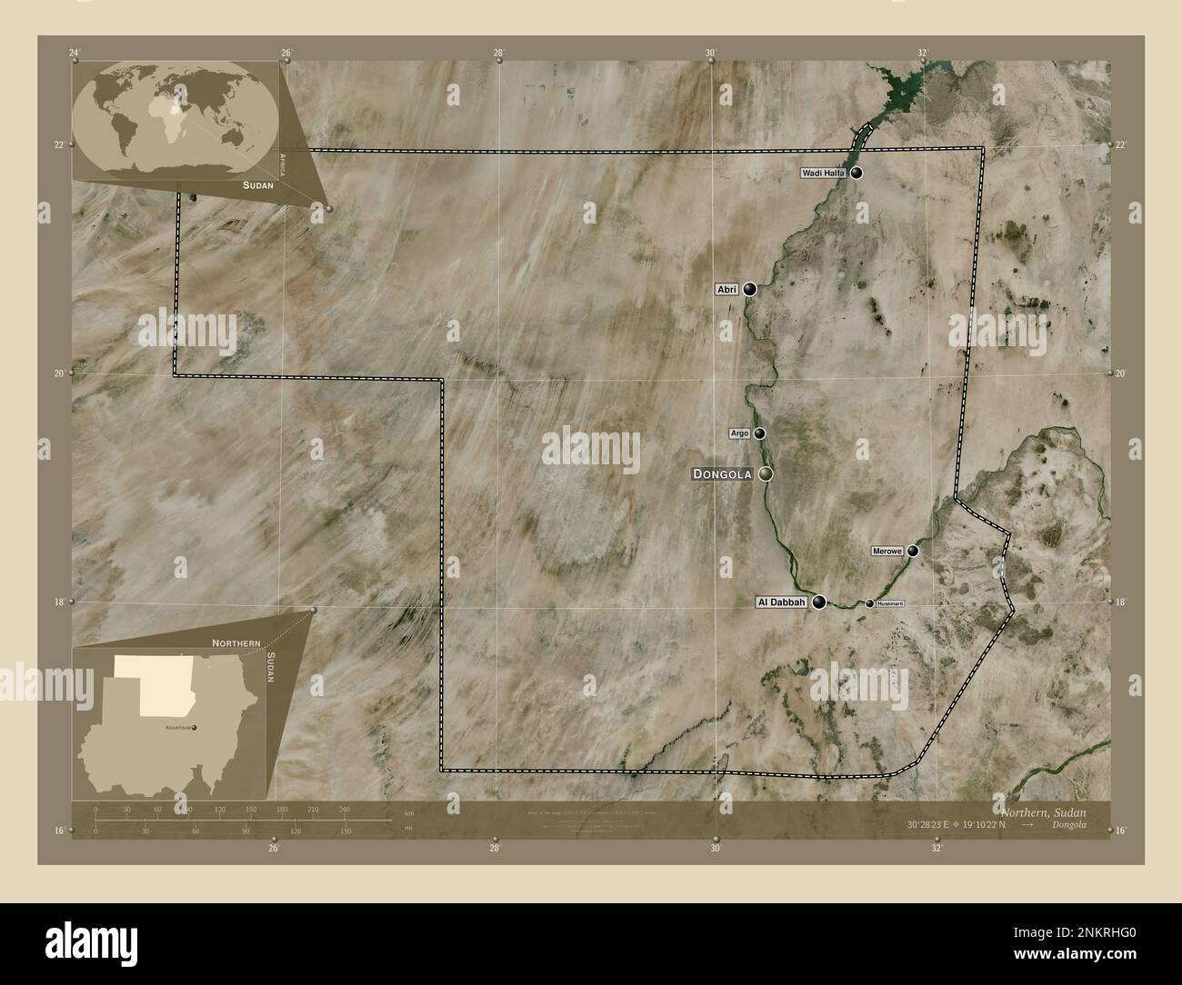 Northern, state of Sudan. High resolution satellite map. Locations and ...
