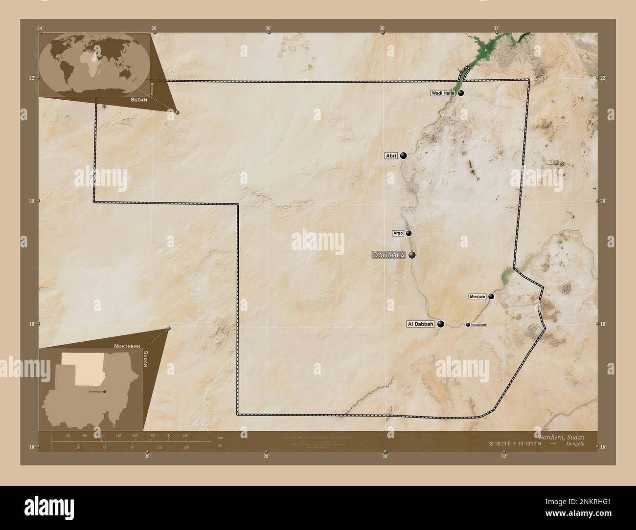 Northern, state of Sudan. Low resolution satellite map. Locations and ...