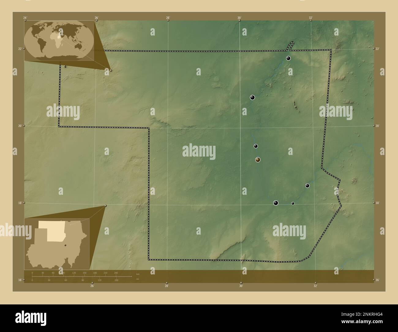 Northern, state of Sudan. Colored elevation map with lakes and rivers ...