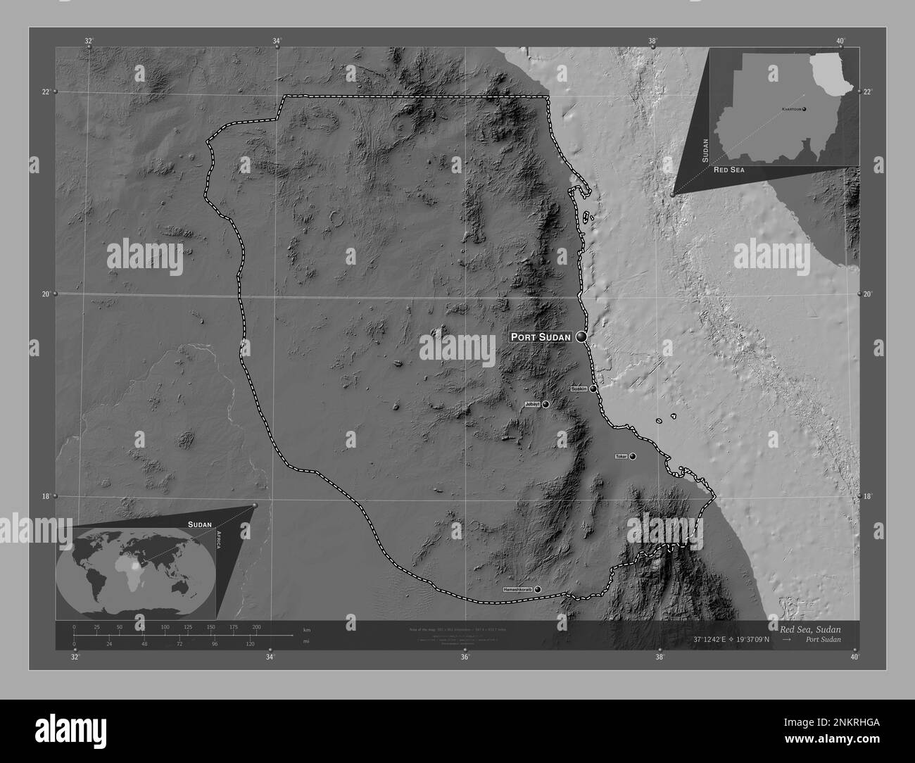 Red Sea, state of Sudan. Bilevel elevation map with lakes and rivers ...