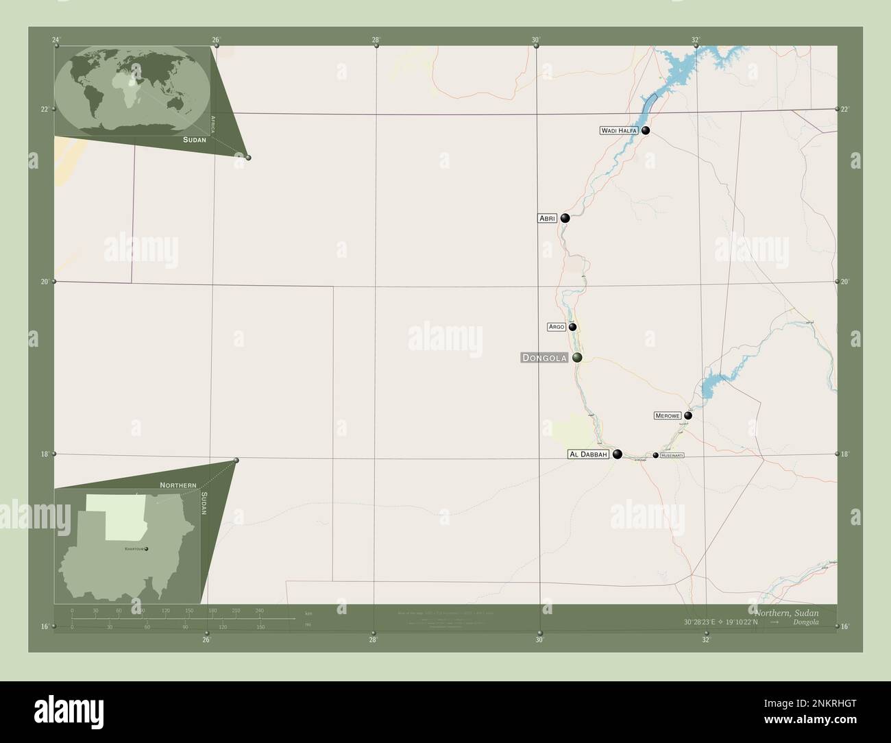 Northern, state of Sudan. Open Street Map. Locations and names of major ...
